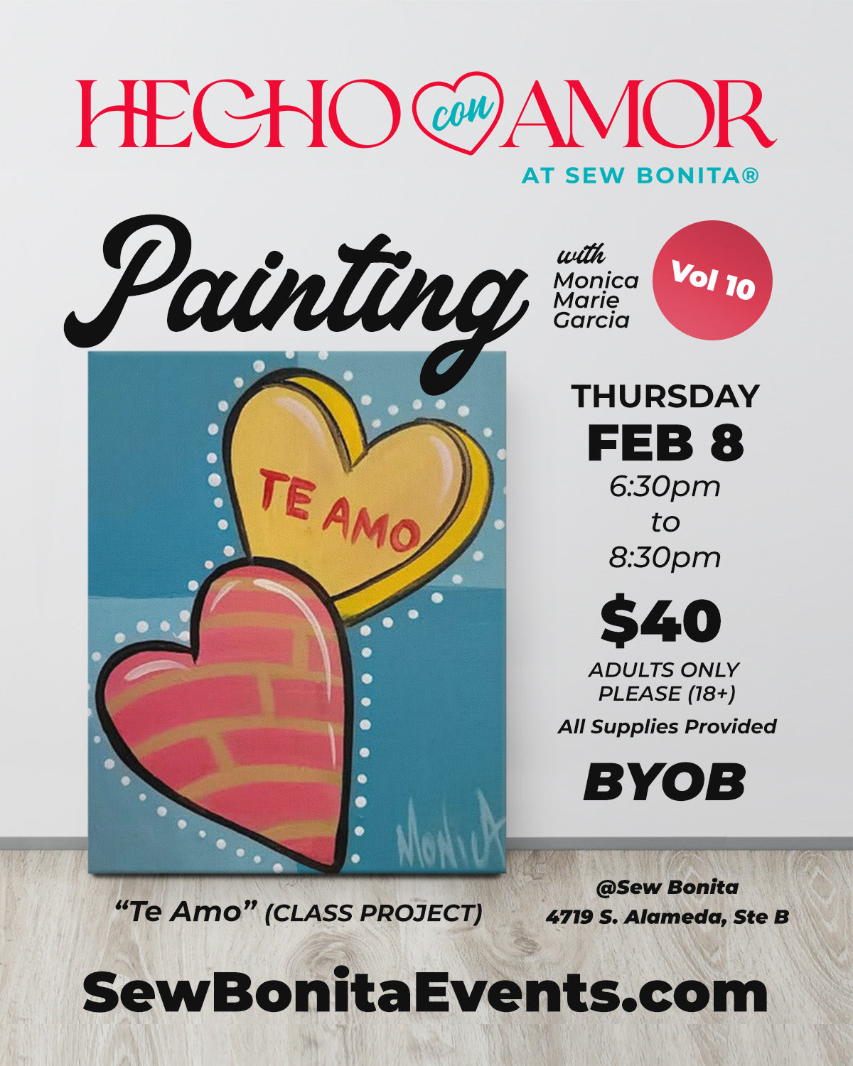 February 8, 2024 / 6:30pm-8:30pm - Painting Class (Te Amo) – Sew Bonita