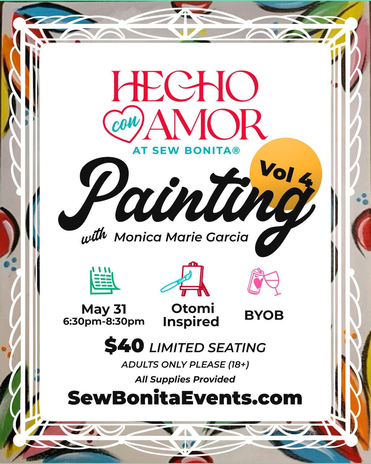 May 31, 2023 / 6:30pm-8:30pm - Painting Class (Otomi Inspired) – Sew Bonita
