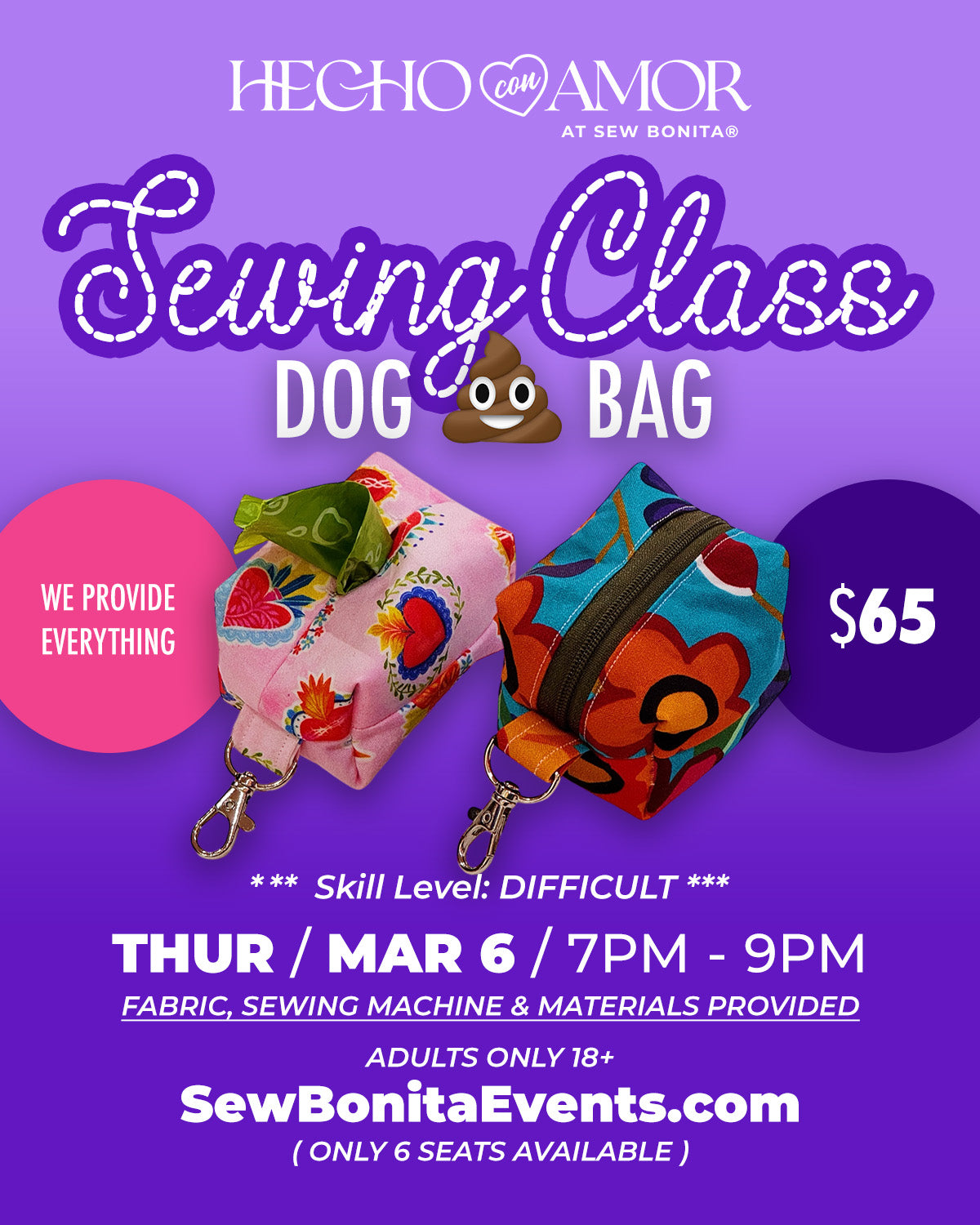 March 6th / Advanced Adult Sewing Class (Poop Bag Holder) – Sew Bonita